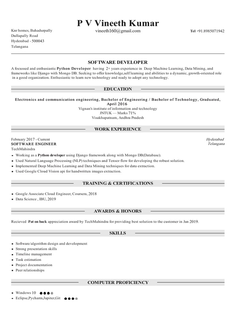 Software Developer Resume - P V Vineeth Kumar | PDF | Representational State Transfer | Web ...