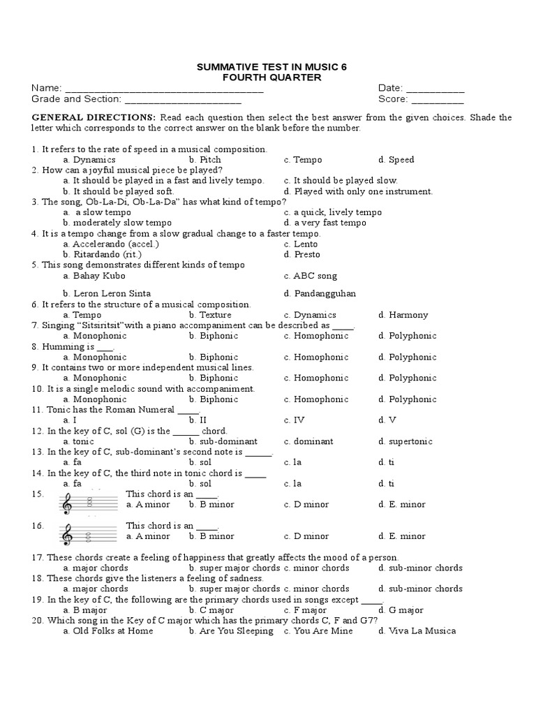Summative Test IN MUSIC | PDF | Tempo | Chord (Music)