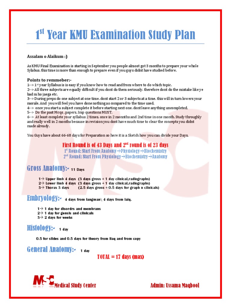 KMU 1st Year MBBS Study Plan | PDF | Biochemistry | Chemistry