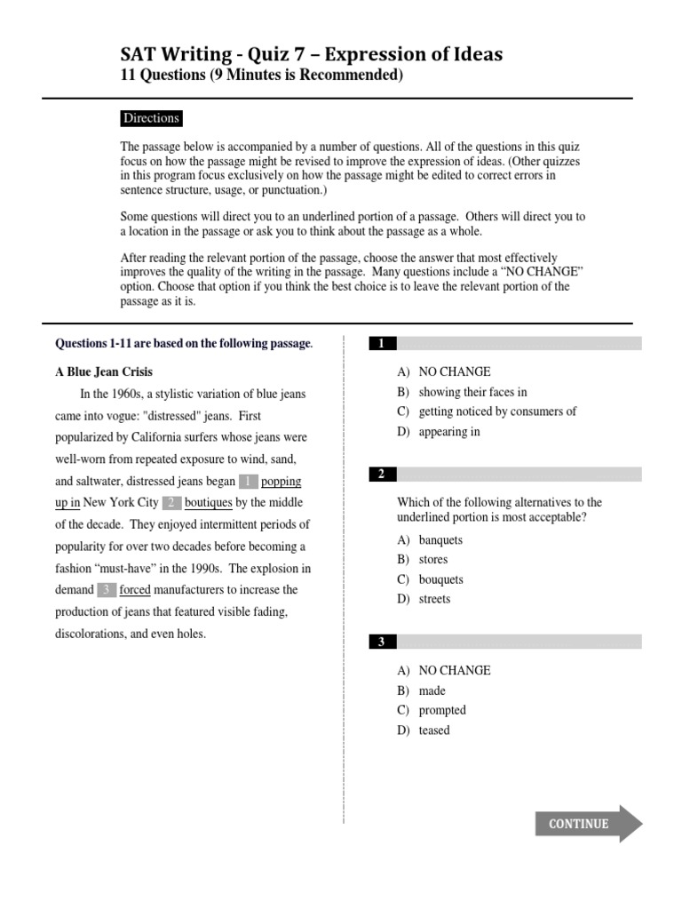 SAT Writing - Quiz 7 - Expression of Ideas: 11 Questions (9 Minutes Is ...