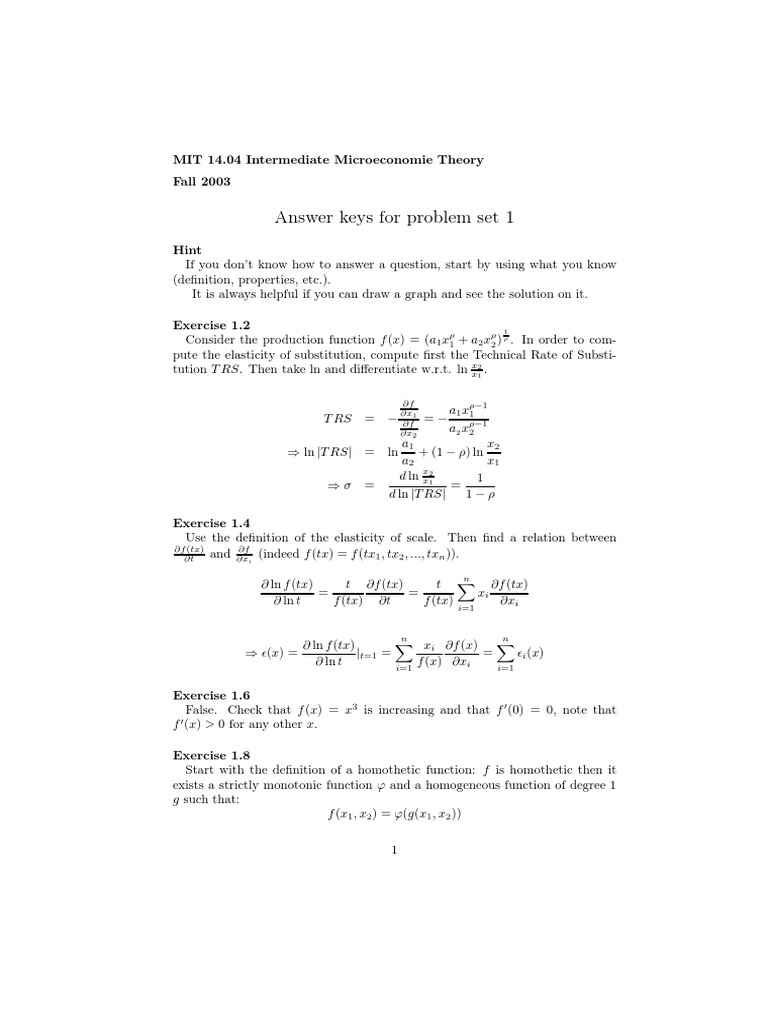 Answer Keys For Problem Set 1: MIT 14.04 Intermediate Microeconomie ...