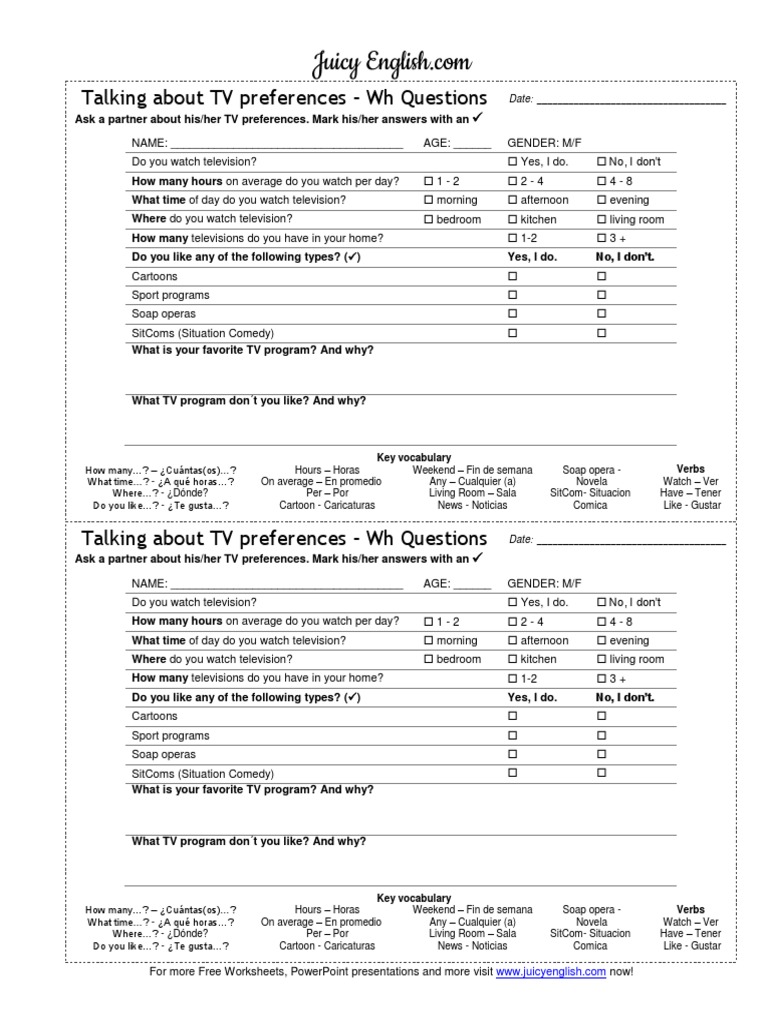 TV Preferences Survey Worksheet | PDF | Leisure