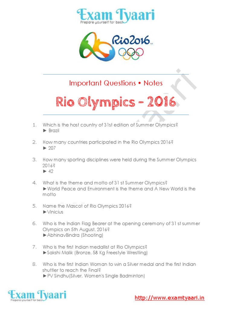 Rio-2016 Questions PDF | PDF | Summer Olympic Games | Olympic Games