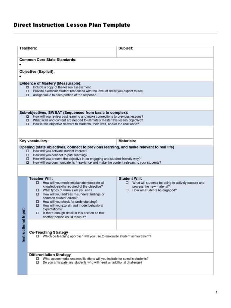 Direct Instruction Lesson Plan Template | PDF | Educational Assessment ...