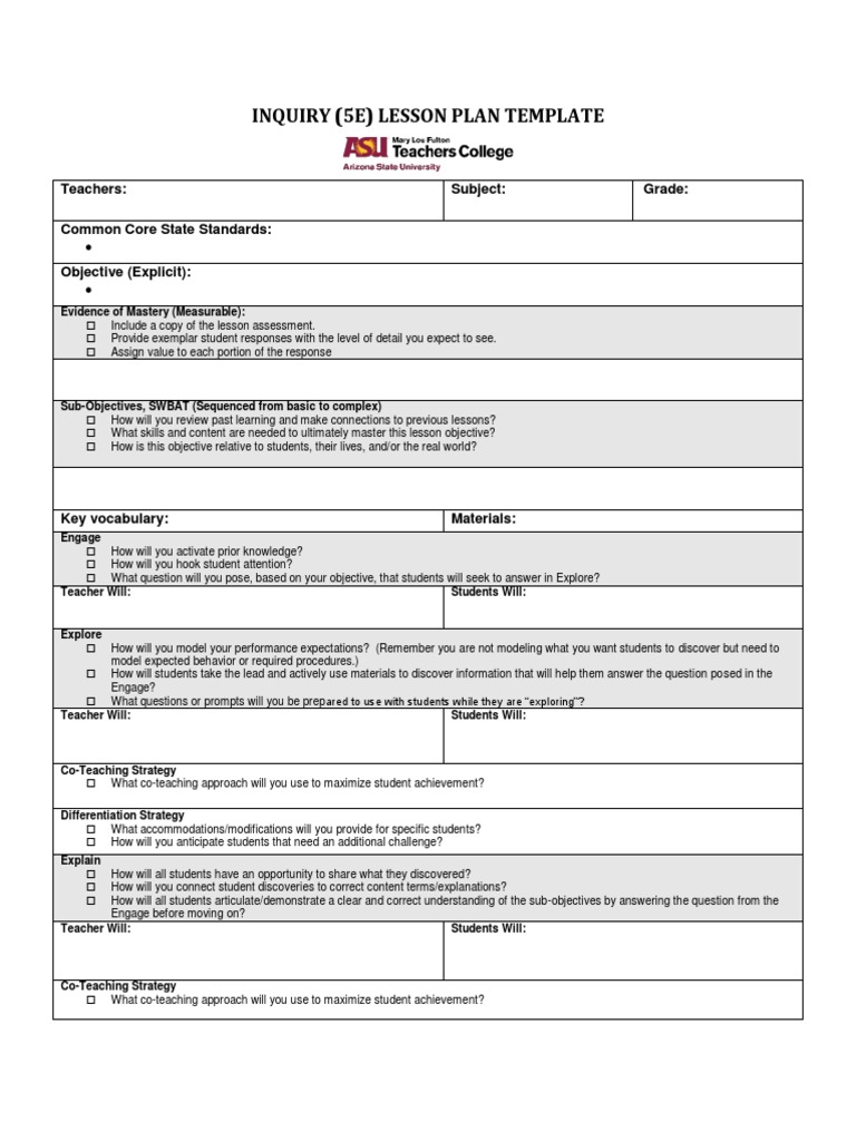 Inquiry 5e Lesson Plan Template | PDF | Lesson Plan | Educational ...