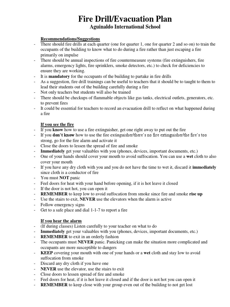 Fire Drill/Evacuation Plan: Aguinaldo International School | PDF ...