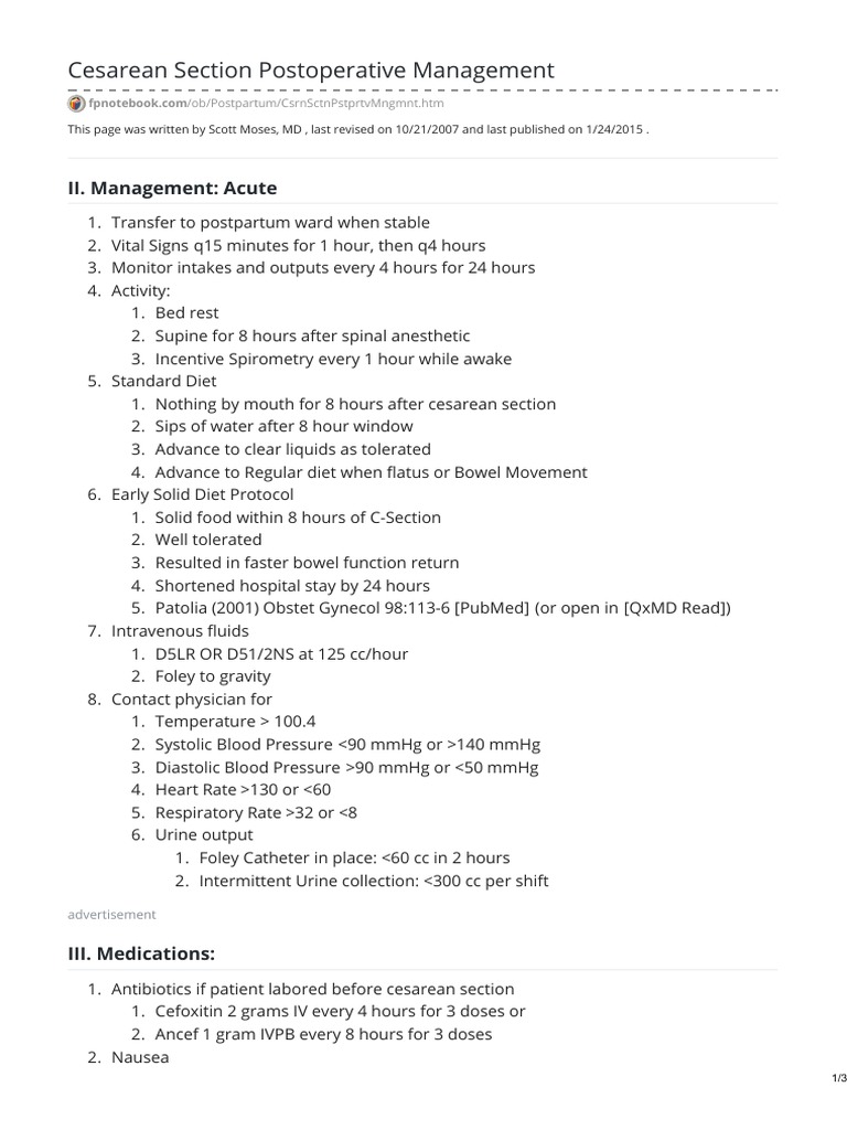 Cesarean Section Postoperative Management Guide | PDF | Intravenous ...
