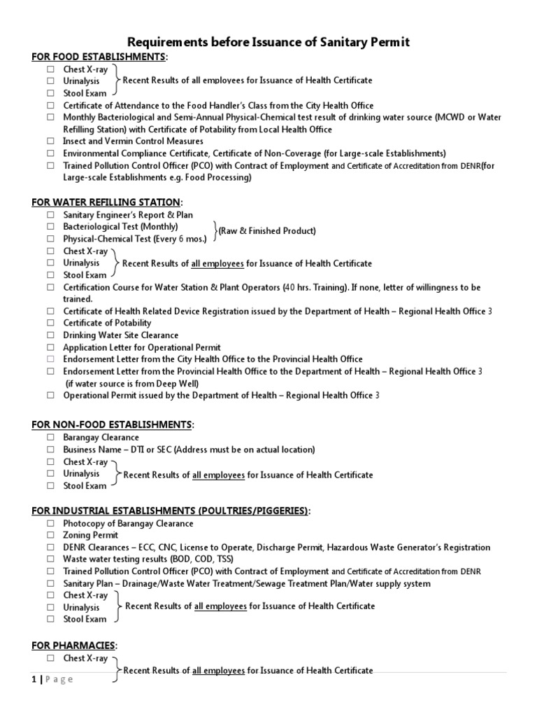 Requirements Before Issuance of Sanitary Permit: For Food ...