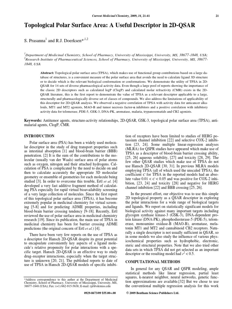 Topological Polar Surface Area: A Useful Descriptor in 2D-QSAR | PDF ...