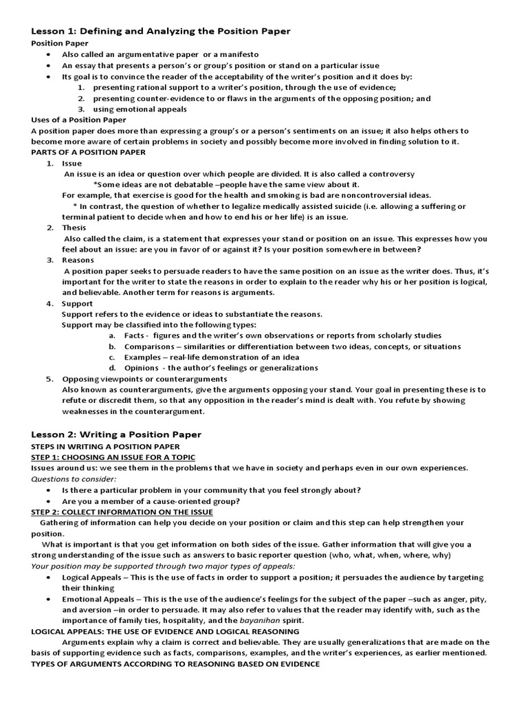 Lesson 1: Defining and Analyzing The Position Paper: Questions To Consider | Download Free PDF ...