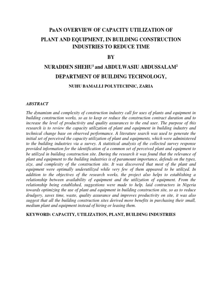 An Overview of Capacity Utilization of Plant and Equipment in Building ...