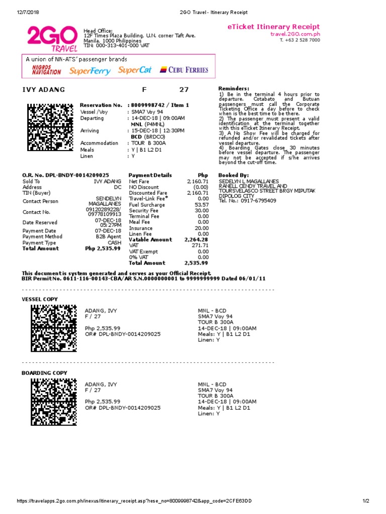 18 14 ADANG 2 2GO Travel Itinerary Receipt | PDF | Identity Document ...