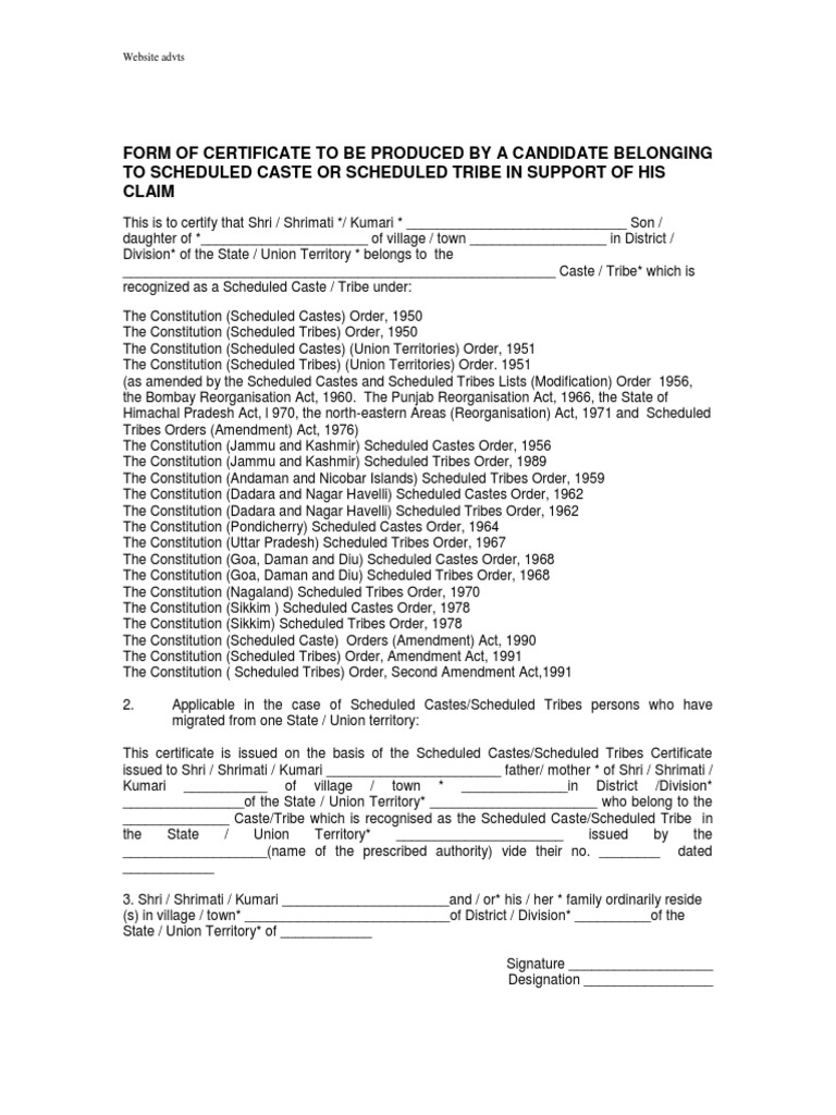 Form of Certificate To Be Produced by A Candidate Belonging To ...