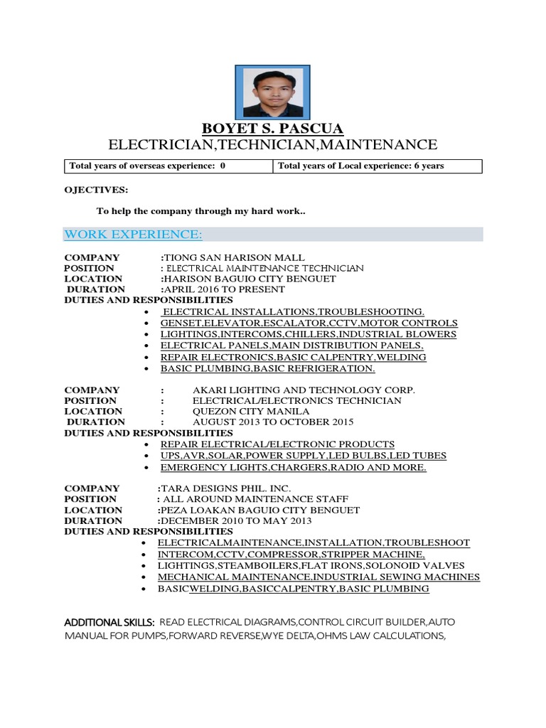 Experienced Electrical Technician Resume | PDF | Electrical Engineering | Electromagnetism