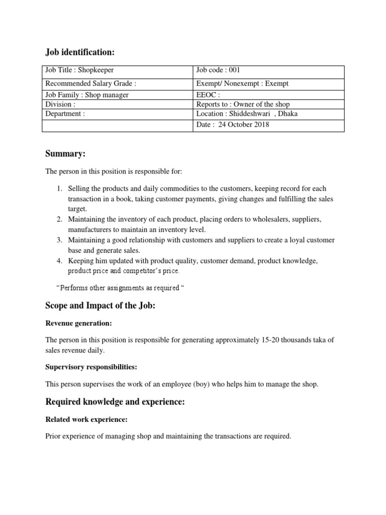 Job Description for the Position of Shopkeeper at Shiddeshwari Shop in ...