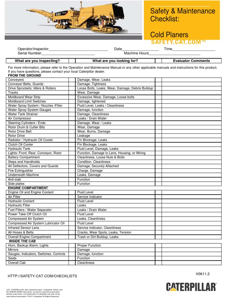 Safety & Maintenance Checklist - Cold Planers V0611.2 PDF | PDF ...