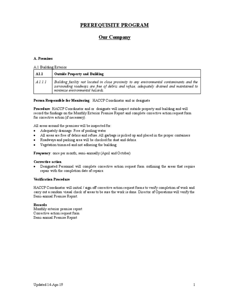 Prerequisite Program Our Company | PDF | Drinking Water | Hygiene