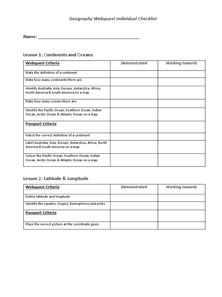Geography Webquest Individual Checklist | PDF | Social Science | Travel