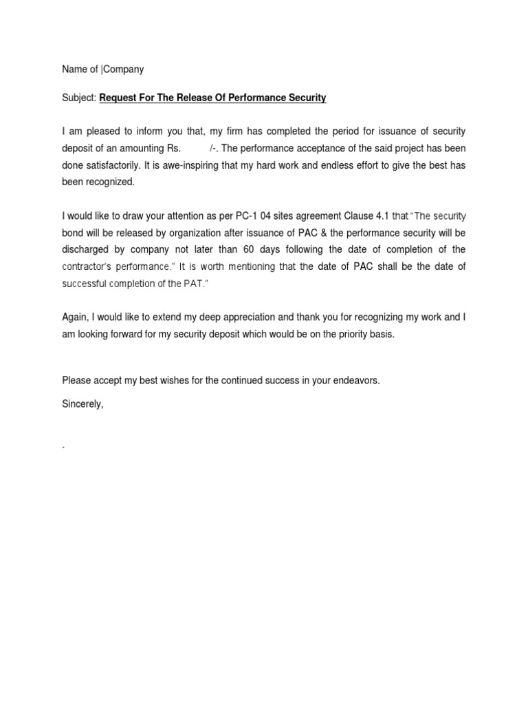 Letter For Releasing Security Money | PDF