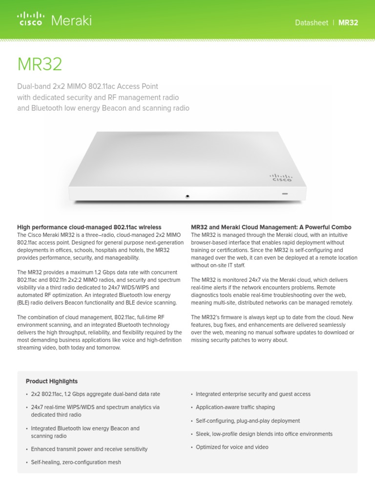 Meraki Datasheet MR32 | PDF | Ieee 802.11 | Bluetooth