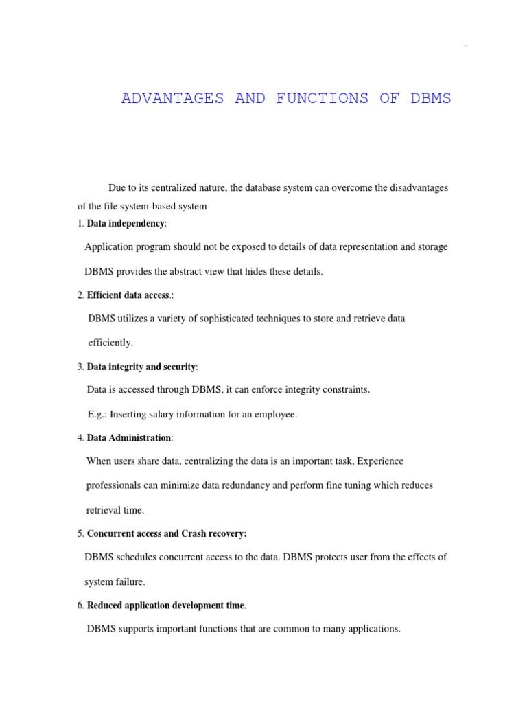 Advantages and Functions of DBMS | PDF | Databases | Backup