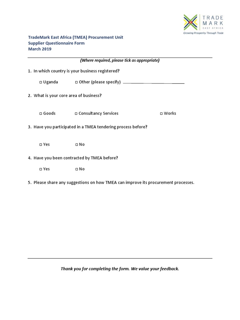 Trademark East Africa (Tmea) Procurement Unit Supplier Questionnaire ...