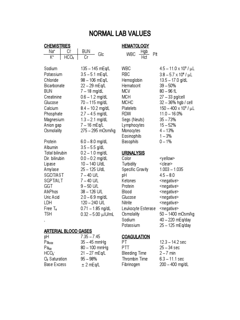 Normal Lab Values | PDF | White Blood Cell | Blood