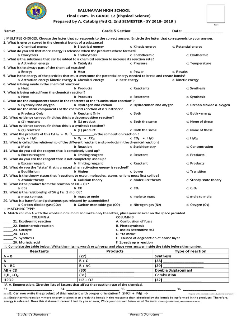 Salunayan High School Final Exam. in GRADE 12 (Physical Science ...