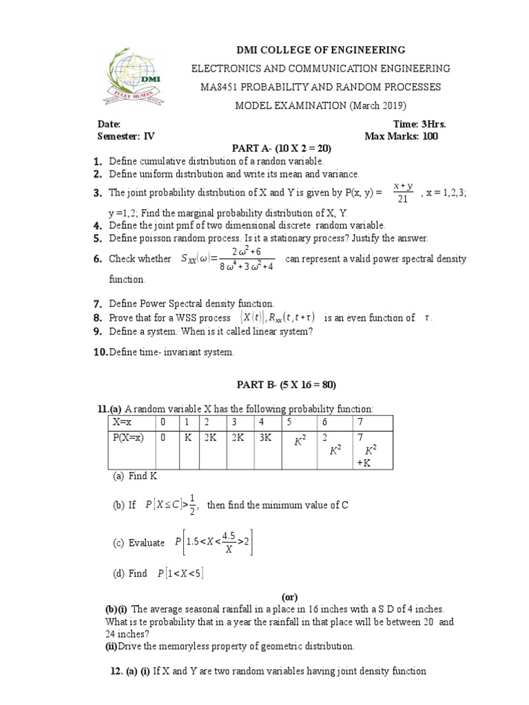 Ma8451 PRP Model Set B | PDF | Probability Density Function | Probability Distribution