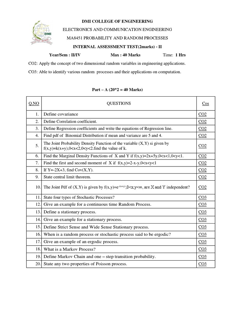 Prp-8451 Iat II 2 Marks & 16 Marks | Download Free PDF | Stochastic ...