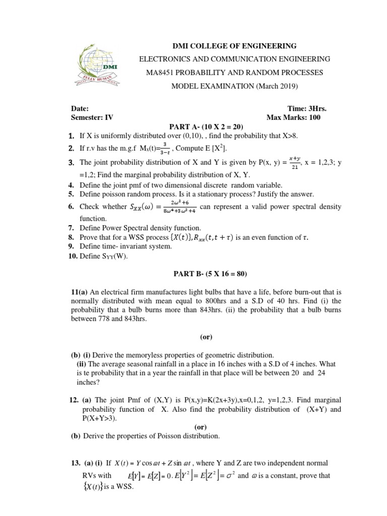 Ma6451 PRP MODEL Set-A | PDF | Stationary Process | Autocorrelation