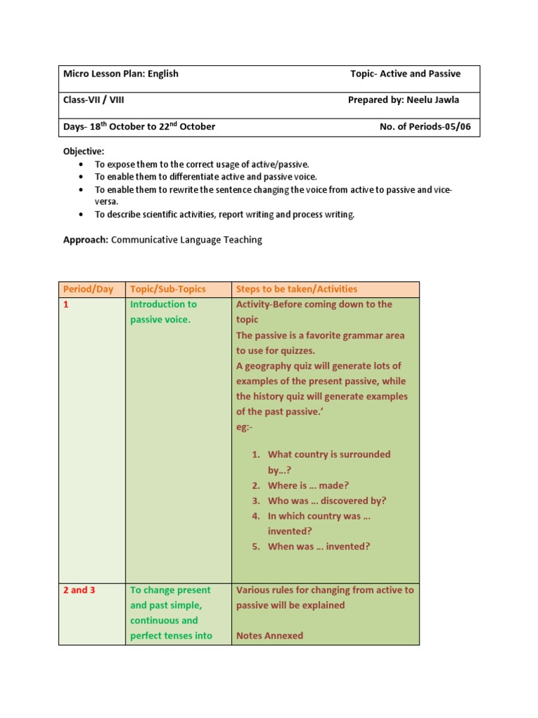 Active and Passive Voice Lesson Plan | PDF | Perfect (Grammar) | Leaf