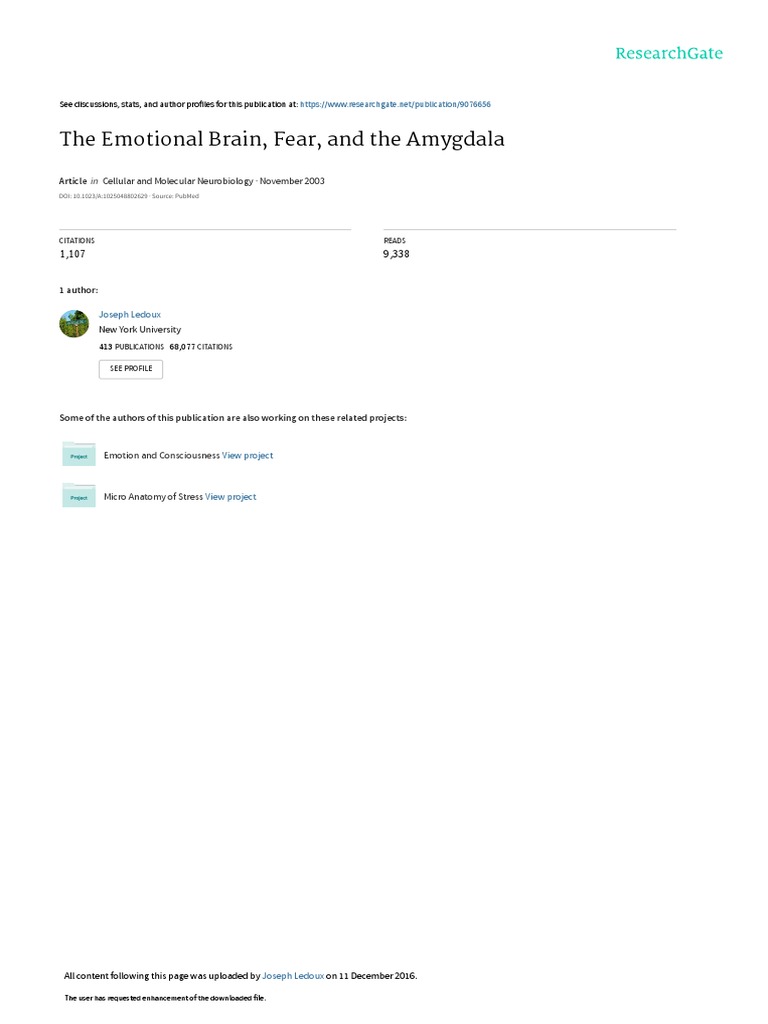 The Emotional Brain Fear and The Amygdala PDF | PDF | Long Term ...