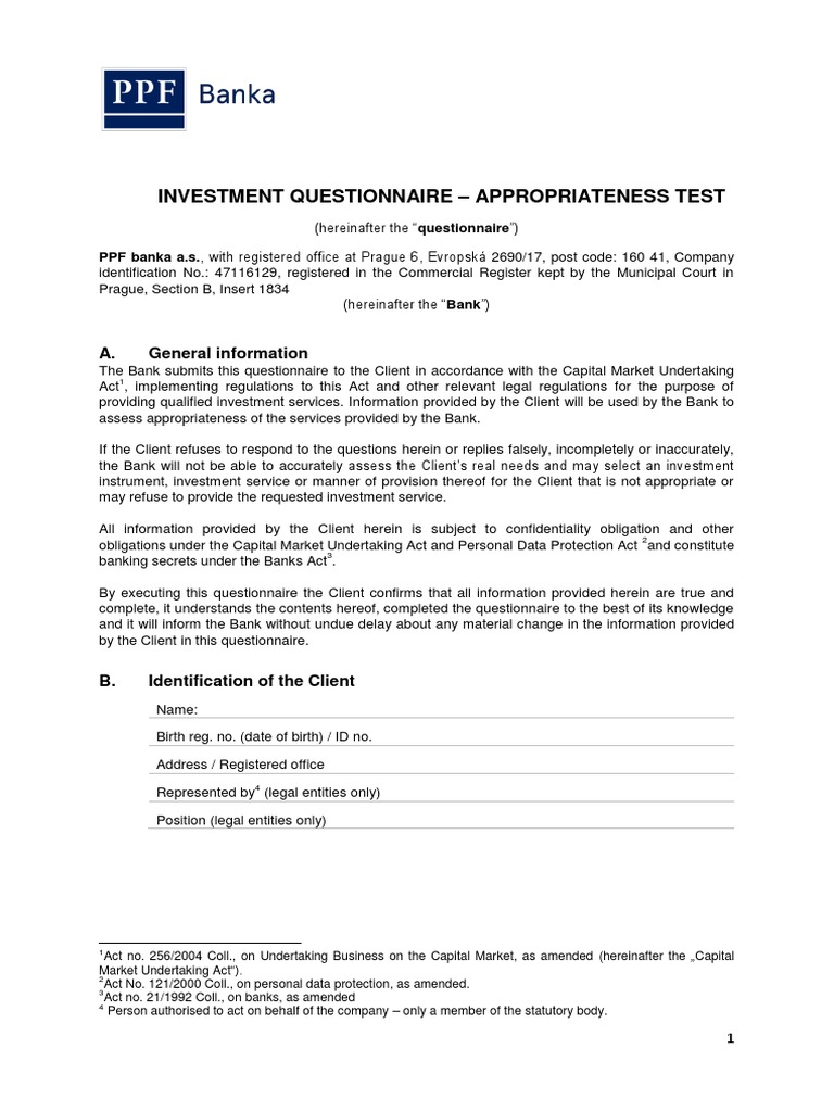 Investment Questionnaire - Appropriateness Test: A. General Information ...