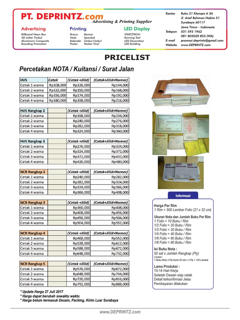 Daftar Harga Cetak Nota Kuitansi Surat Jalan 270717 PT Deprintz | PDF