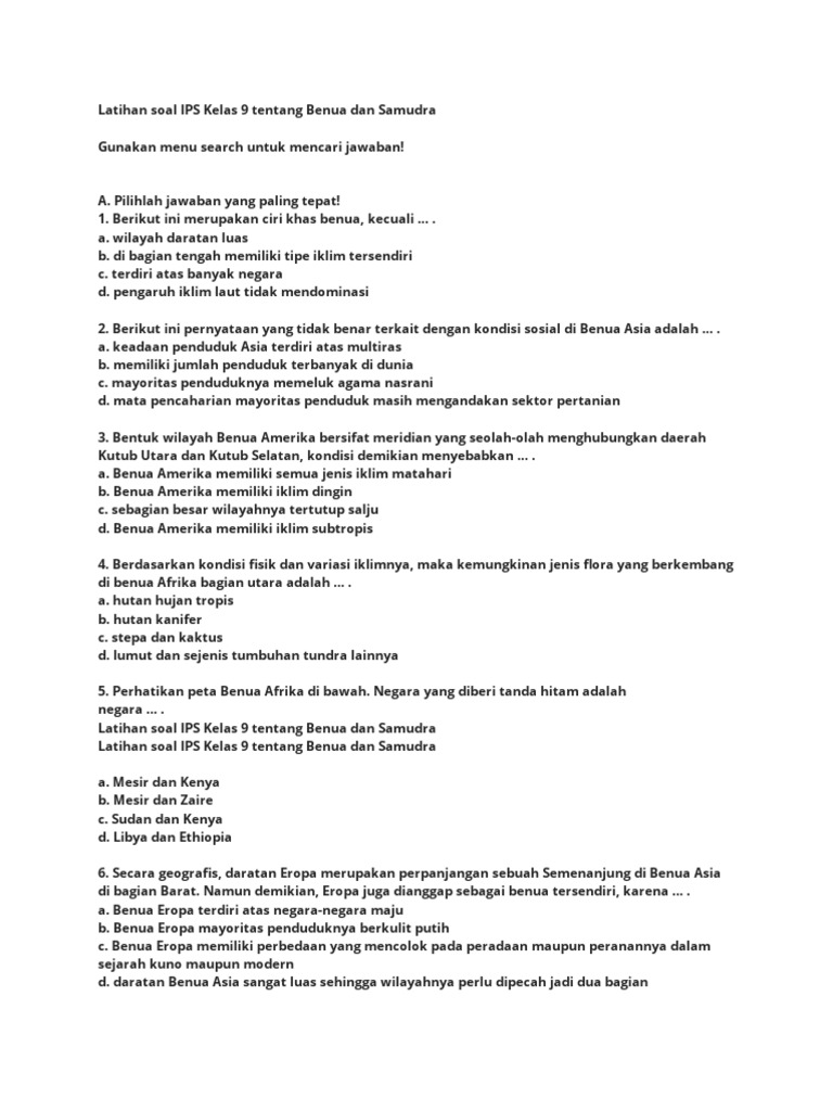 Latihan Soal IPS Kelas 9 Tentang Benua Dan Samudra | PDF