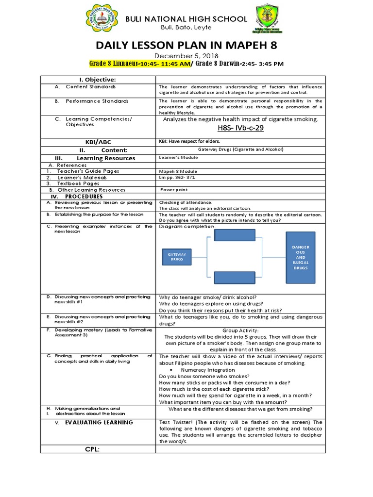 Grade 8 MAPEH Lesson Plan: Alcohol Use | PDF | Lesson Plan | Adolescence