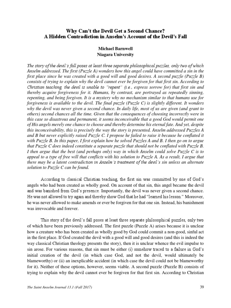 Why Can't The Devil Get A Second Chance - Final For St. Anselm Journal ...