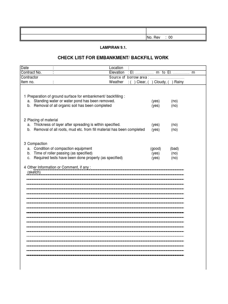 Check List For Embankment/ Backfill Work: Lampiran 9.1 | PDF
