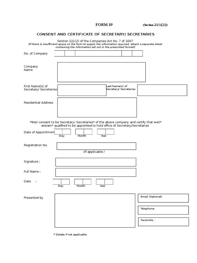Consent and Certificate of Secretary/ Secretaries: Form 19 | PDF