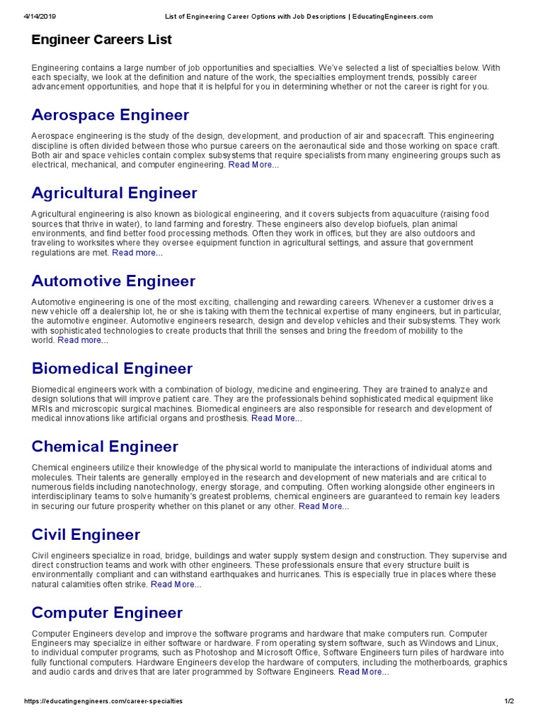 List of Engineering Career Options With Job Descriptions | PDF ...