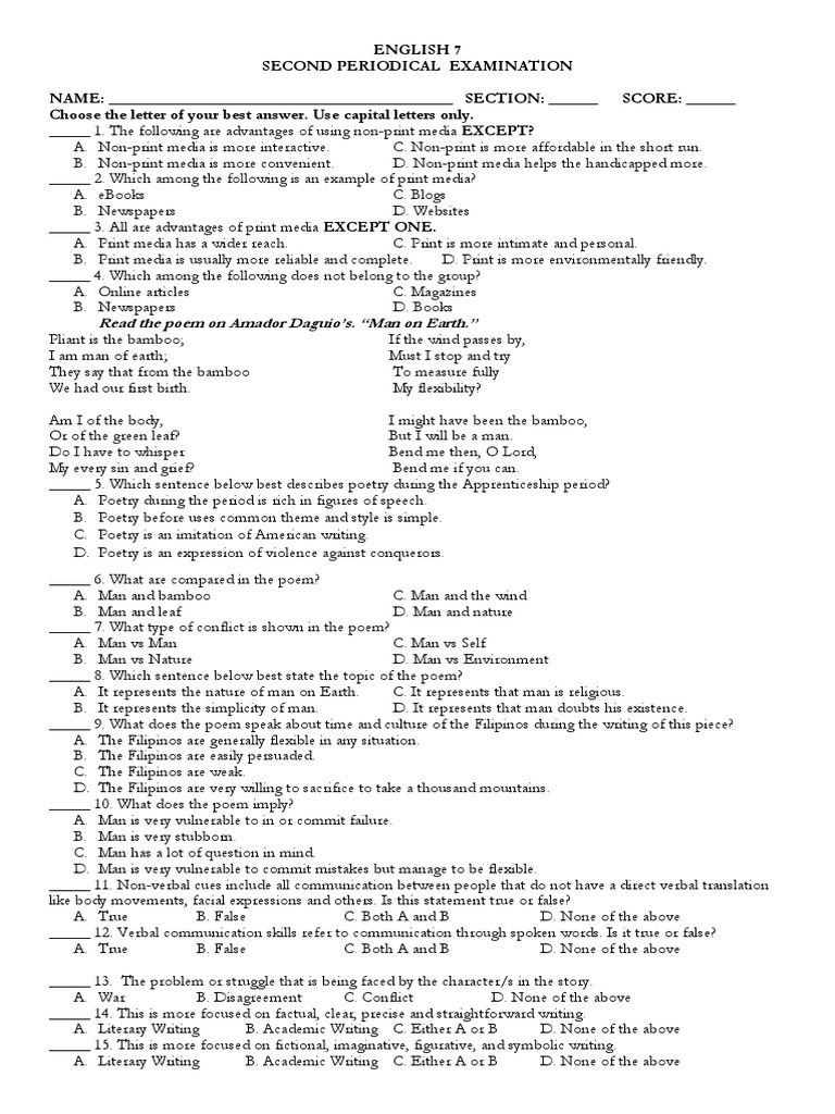 English 7 Second Periodical Examination NAME: - SECTION: - SCORE ...