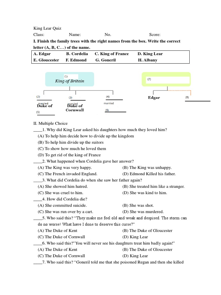 King Lear Quiz | PDF | King Lear | Shakespearean Tragedies