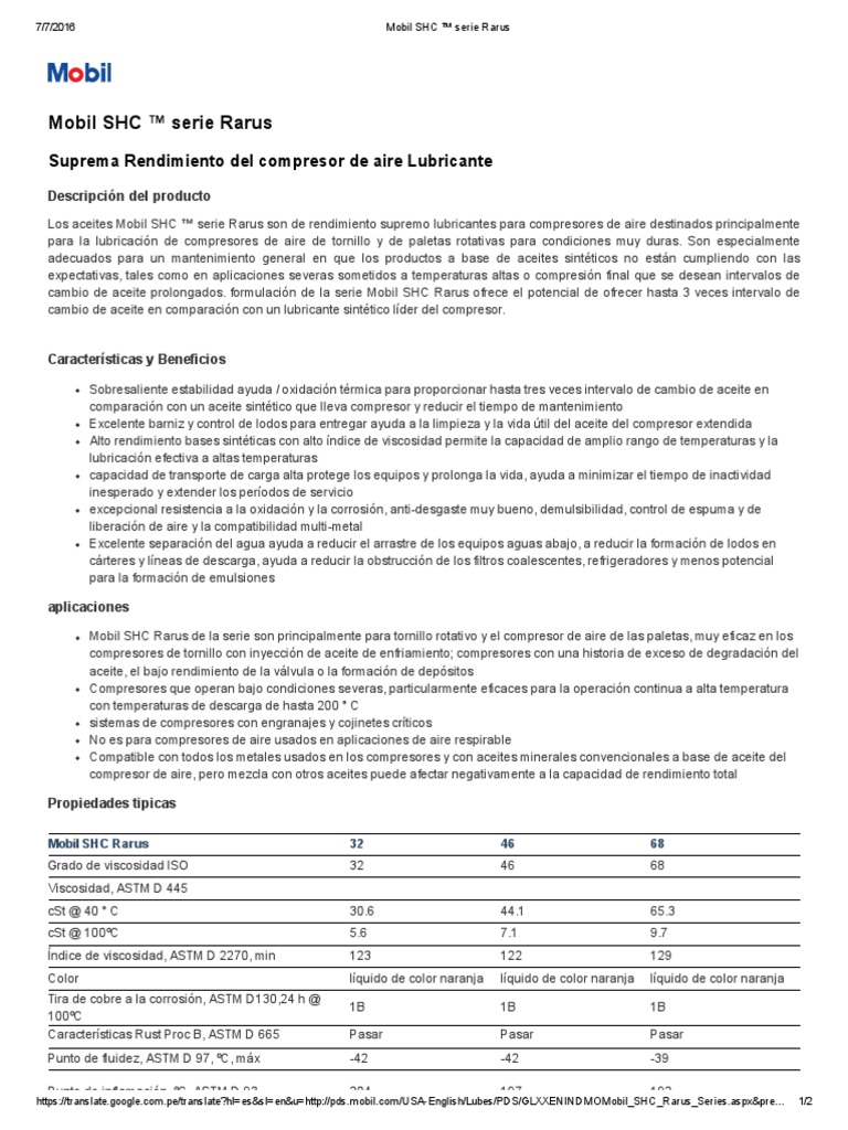 Ficha Técnica de Mobil SHC Rarus 46 | PDF | Lubricante | Petróleo