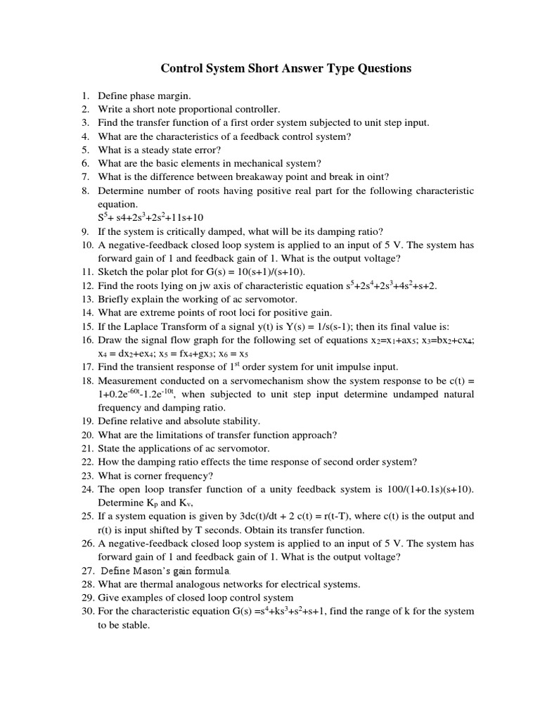 Control System Short Answer Type Questions | PDF | Negative Feedback ...