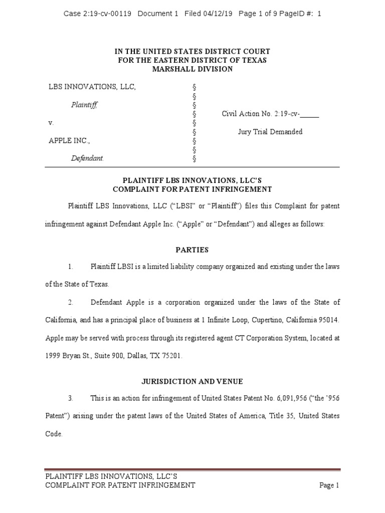 LBS Innovations V Apple, Patent Infringement Case, Patently Apple ...