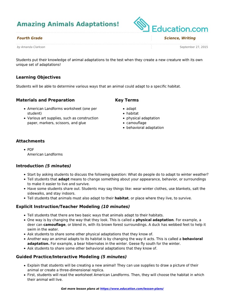 Creative Animal Adaptations Lesson Plan | PDF | Adaptation | Habitat