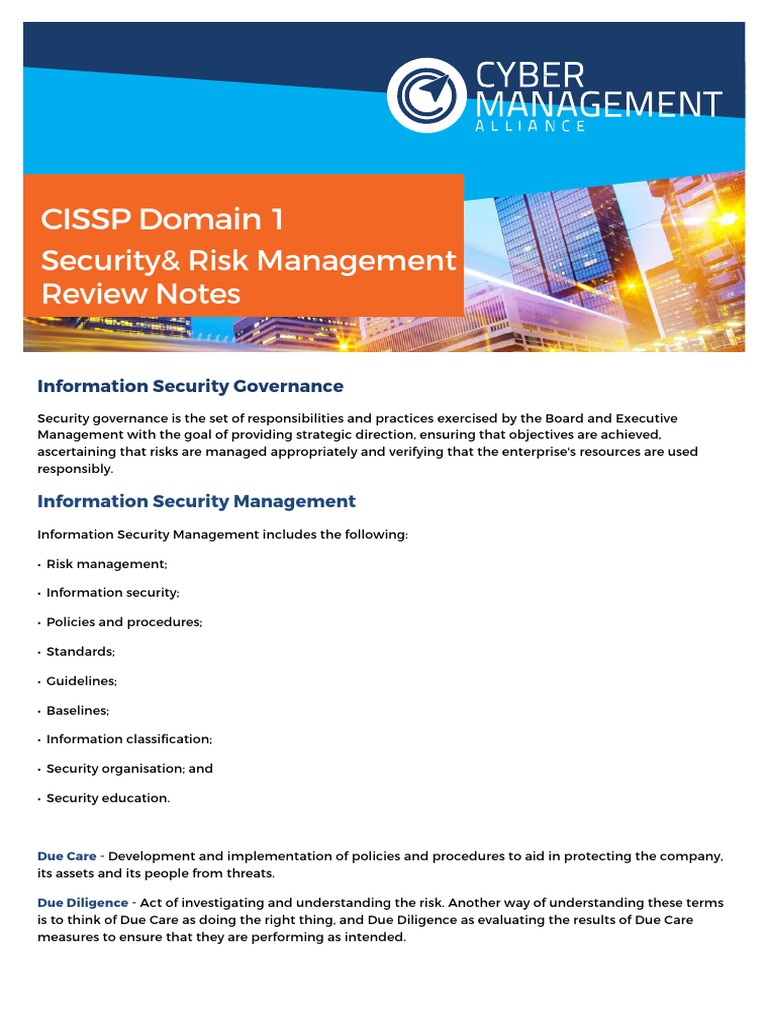 CMA CISSP Domain 1 Review Notes | PDF | Information Security | Risk ... CMA CISSP Domain 1 Review Notes | PDF | Information Security | Risk ...