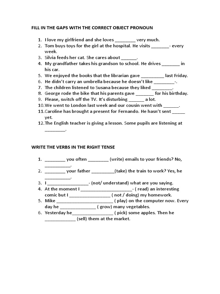 Object Pronouns Fill-in Exercises | PDF | Language Arts & Discipline ...
