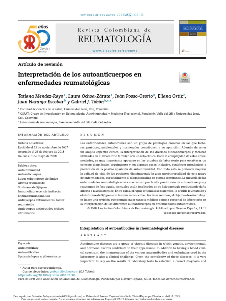 Interpretación de ANA - Rev Colomb Reuma (2018) | PDF | Anticuerpo | Lupus eritematoso sistémico